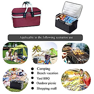 2 Pack Collapsible Insulated Picnic Basket Cooler with Handle & Zipper, H.lanlx Reusable Large Cooler Bag for Travel Shopping Camping. Black & Red 20L