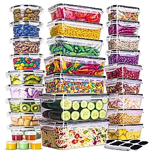 RFAQK 60 Pcs Food Storage Containers with Lids Airtight-75 OZ to 1.2 OZ(30 Containers & 30 Lids)100% BPA-Free Clear Plastic Reusable Meal-Prep Containers-Microwave,Dishwasher Safe with Labels & Marker