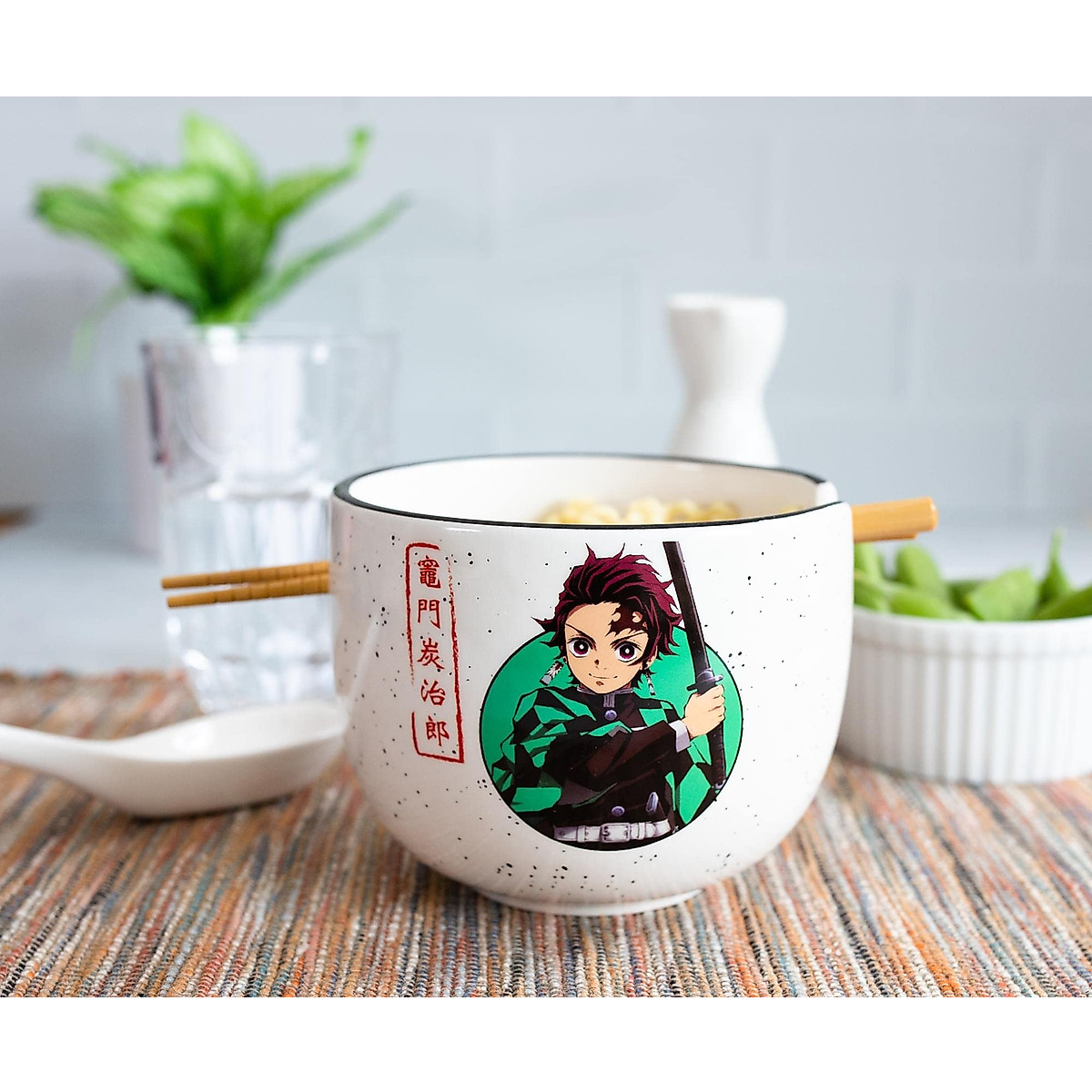 Demon Slayer Tanjiro Kamado Japanese Ceramic Dinnerware Set | Includes 16-Ounce Ramen Noodle Bowl and Wooden Chopsticks | Asian Food Dish Set For Home & Kitchen | Anime Manga Gifts and Collectibles