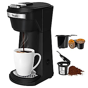Teglu 2 in 1 Single Serve Coffee Maker for K Cup Pods & Ground Coffee, Mini K Cup Coffee Machine with 6 to 14 oz Brew Sizes, Single Cup Coffee Brewer with One-Press Fast Brewing, Reusable Filters