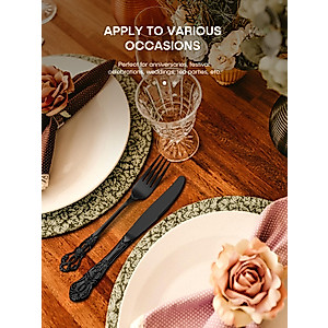 Stapava 48 Pcs Black Silverware Set with Steak Knives, Gorgeous Retro Royal Silverware Set for 8, Stainless Steel Mirror Flatware Cutlery Set, Include Forks Spoons and Knives set, Dishwasher Safe