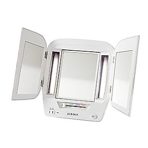 JERDON Tri-Fold Two-Sided Makeup Mirror with LED Lights - Vanity Mirror with 5X-1X Magnification & Multiple Light Settings - White - Model JGL12W