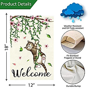 Louise Maelys Welcome Spring Garden Flag 12x18 Double Sided, Burlap Small Cat Flower Floral Garden Yard Flags for Seasonal Outside Outdoor House Decoration (Only Flag)