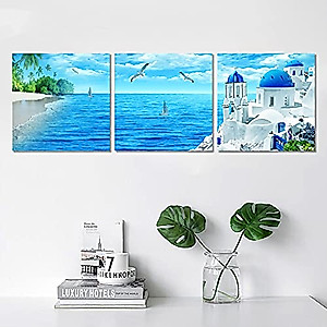 PINKNORDIC Santorini Landscape Beach Canvas Wall Art Mediterranean Blue Churches Seascape Nordic Style Canvas Painting Prints for Home Living Bathroom Wall Decor 12x12inchX3pcs