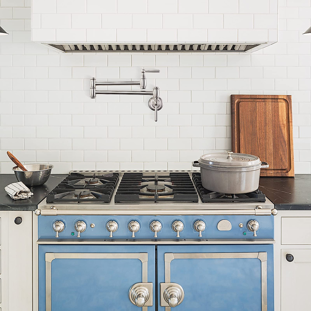 Pot Filler Faucet Brushed Nickel, ARCORA Modern Pot Filler Wall Mount Kitchen Folding Faucet 2 Handle with Double Joint Swing Arms Brass Stove Faucet