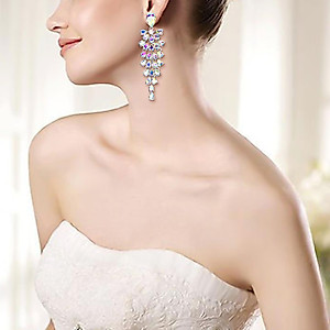 BriLove Women's Wedding Bridal Dangle Earrings for Party Prom Crystal Multi-Layer Teardrop Cluster Bling Jewelry Iridescent AB Silver-Tone