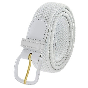 Belts.com Leather Covered Buckle Woven Elastic Stretch Belt, White, (L(37"-39")