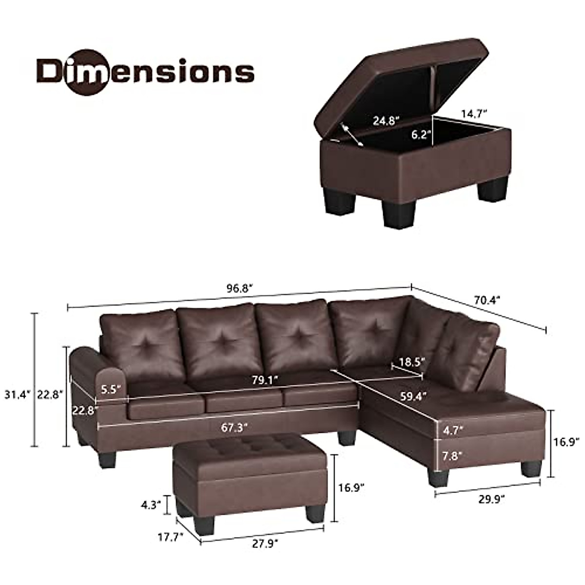Lamerge Sectional Sofa Couch for Living Room, Modular Sectional Sofa with 6 Seats L Shaped Sofa Set with PU Leather Ottoman, Button Tufted Comfy Living Room Sofa Couch for Small Place