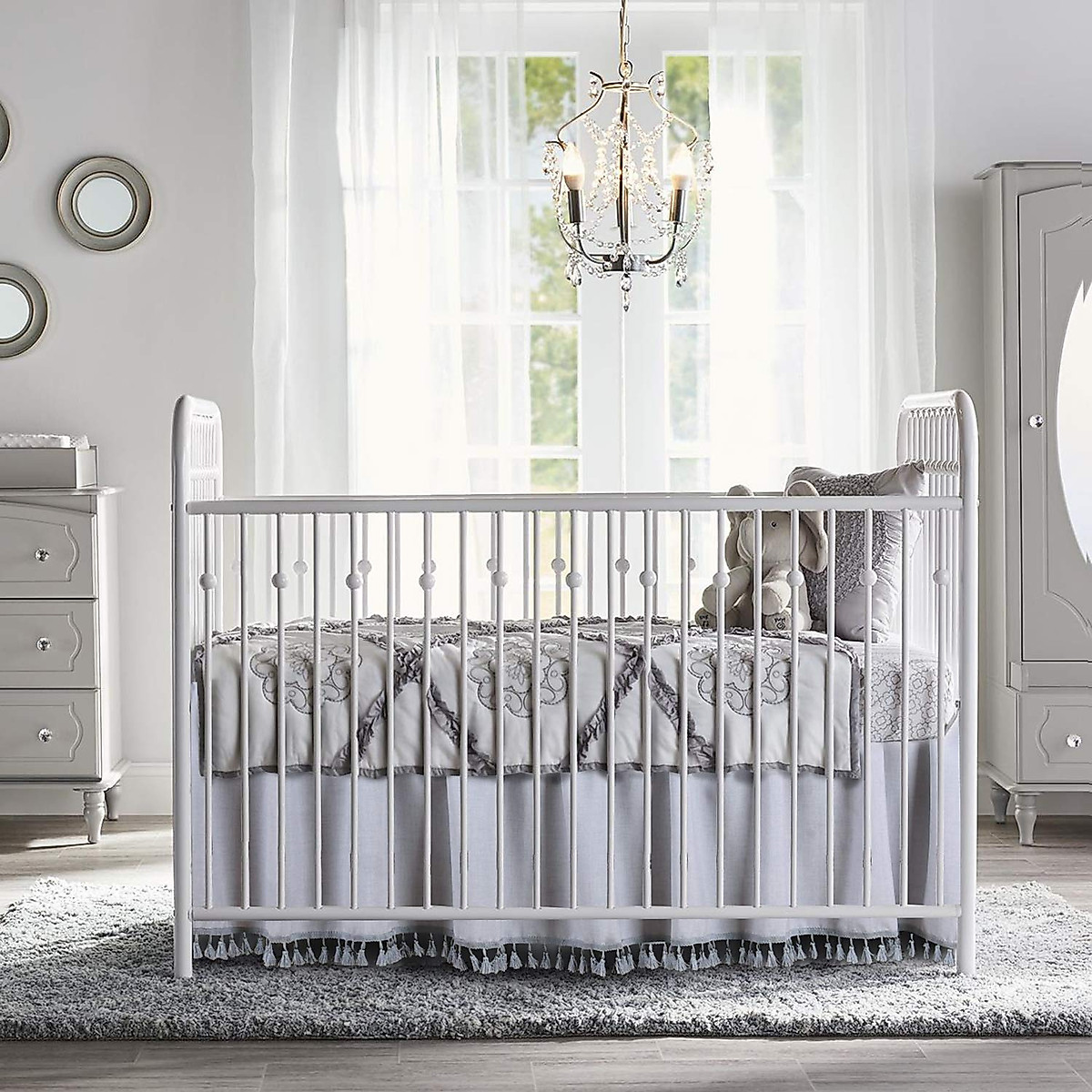 leegleri Crib Bed Skirt Pleated Ruffle with Tassel Nursery Crib Bedding Skirts for Baby Boys or Girls, 15" Drop/Grey