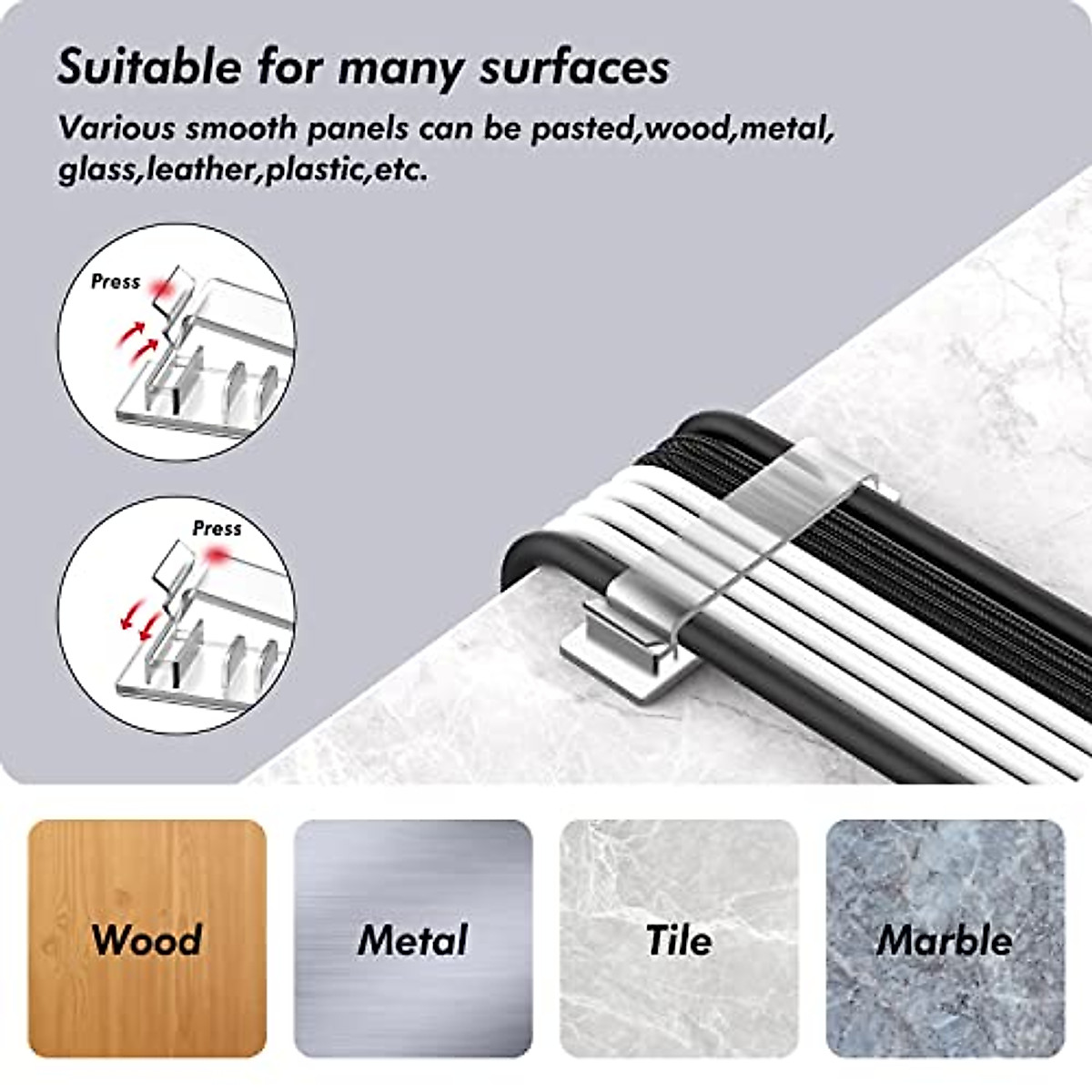 Cable Management Clips, 10 Pieces Cord Organizers Including 3 Specifications of Acrylic Self-Adhesive Cable Organizers, Apply to Office/Desk Cord Clamps/Car/Phone/USB Cable Arrange