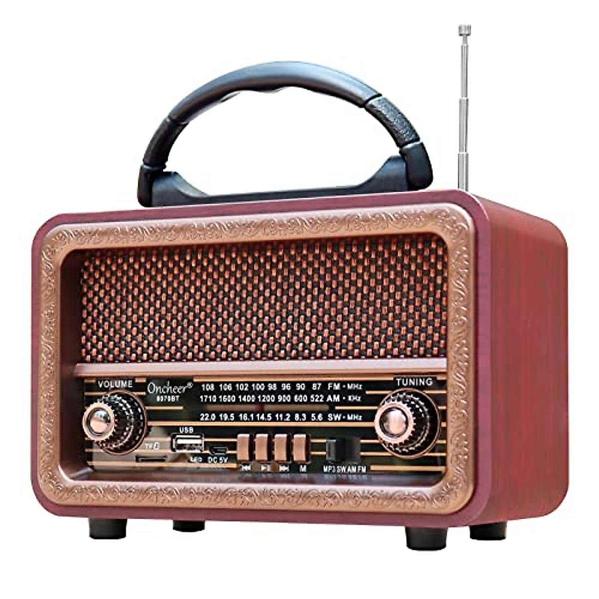 Oncheer 3-Band Portable Radio with Bluetooth & USB | Vintage Design