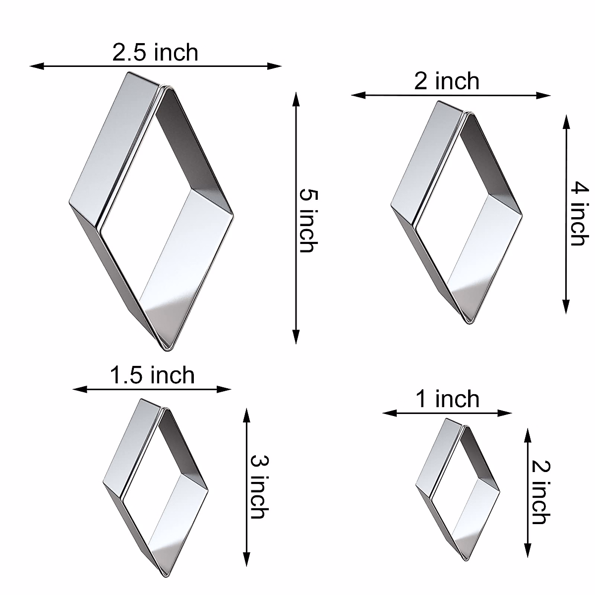 Rhombus Diamond Cookie Cutter Set Assorted Sizes Large Small Mini - 5 Inch, 4 Inch, 3 Inch, 2 Inch - 4 Piece - Stainelss Steel