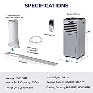 COSTWAY Portable Air Conditioner, 8000BTU Air Cooler with Drying, Fan, Sleep Mode, 2 Speeds, 24H Timer Function, Remote Control, Cools Room up to 230 Sq. ft, Air Cooling Fan for Home & Office Use, Window Kit Included(8000BTU-Grey)