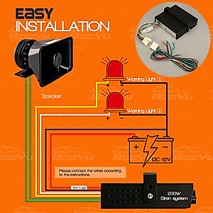 BooYu 12V 200W 9 Tones Police Warning Emergency Siren PA System [Rectangle Speaker][125-135dB][Handheld Microphone][Hands-Free][2 x 10A Switches] for Firefighter Ambulance Vehicles Truck SUV ATV UTV