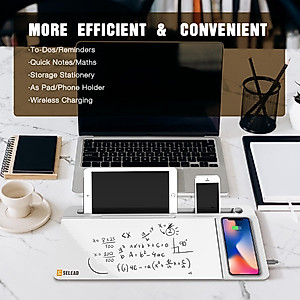 SELEAD Desktop Glass Whiteboard with Wireless Charger Station & Built-in Mirror, Dry Erase Board Computer Pad Keyboard Stand with Organizer for Home, School, Office Desk Accessories, White
