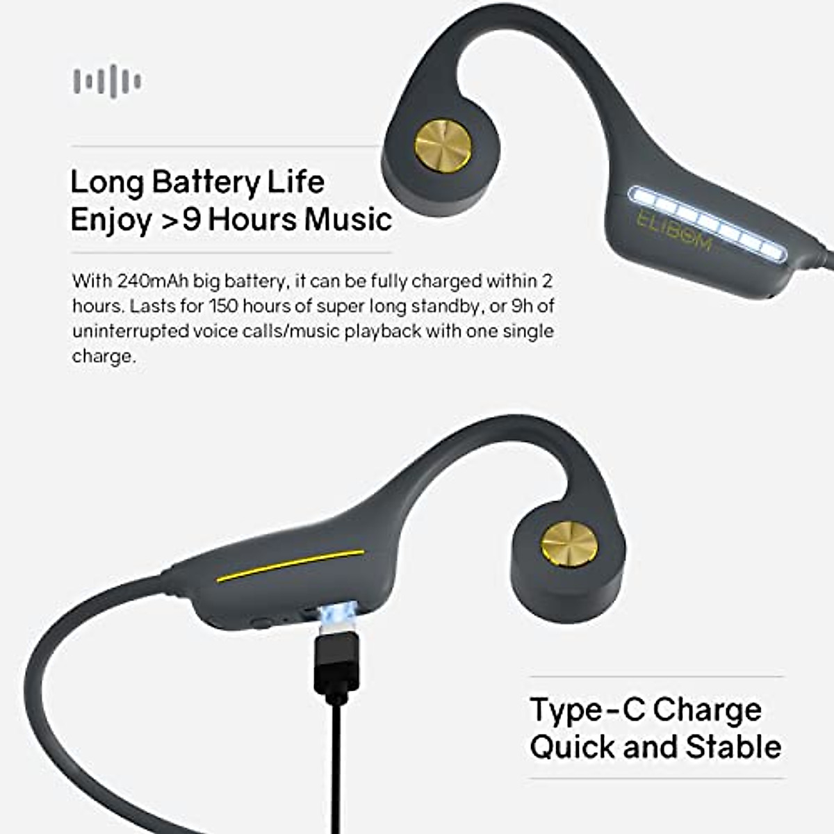 ELIBOM Bone Conduction Headphones, Bluetooth 5.2 Headset, Wireless Open-Ear Headphones, Up to 9 Hours Music&Call, IP65 Sweatproof Sports Earphones for Running, Cycling, Gym, with Arm Bag (Grey)