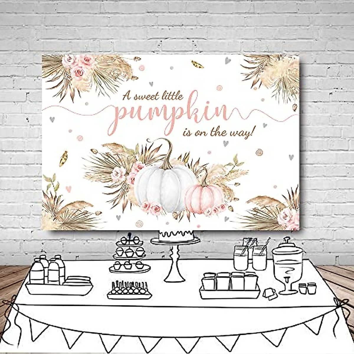 MEHOFOND 7x5ft Autumn Boho Little Pumpkin Backdrop for Girl Baby Shower Fall Leaves Pampas Grass Pink White Floral Background for Photography Party Decorations Banner Photo Booth Props
