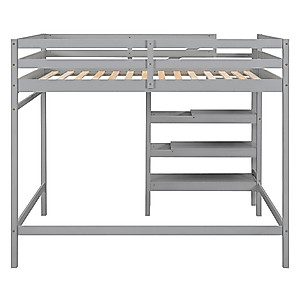 SOFTSEA Full Size Loft Bed with Hanger Wood Loft Bed with Stairs for Kids Adults