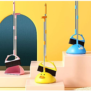 Cute Duck Cleaning Broom and Dustpan Set with Long Handle Stand Up Broom and Dustpan for Home Kitchen Room Office, Outdoor Indoor (Pink)