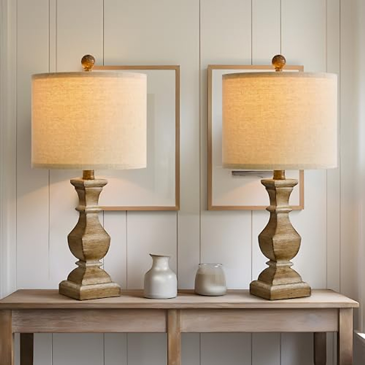 PoKat 20.5" Mid Century Table Lamp Sets of 2 for Living Room Retro Style Farmhouse Table Lamp for Bedroom Classic Beige Resin Bedside Night Light Lamps