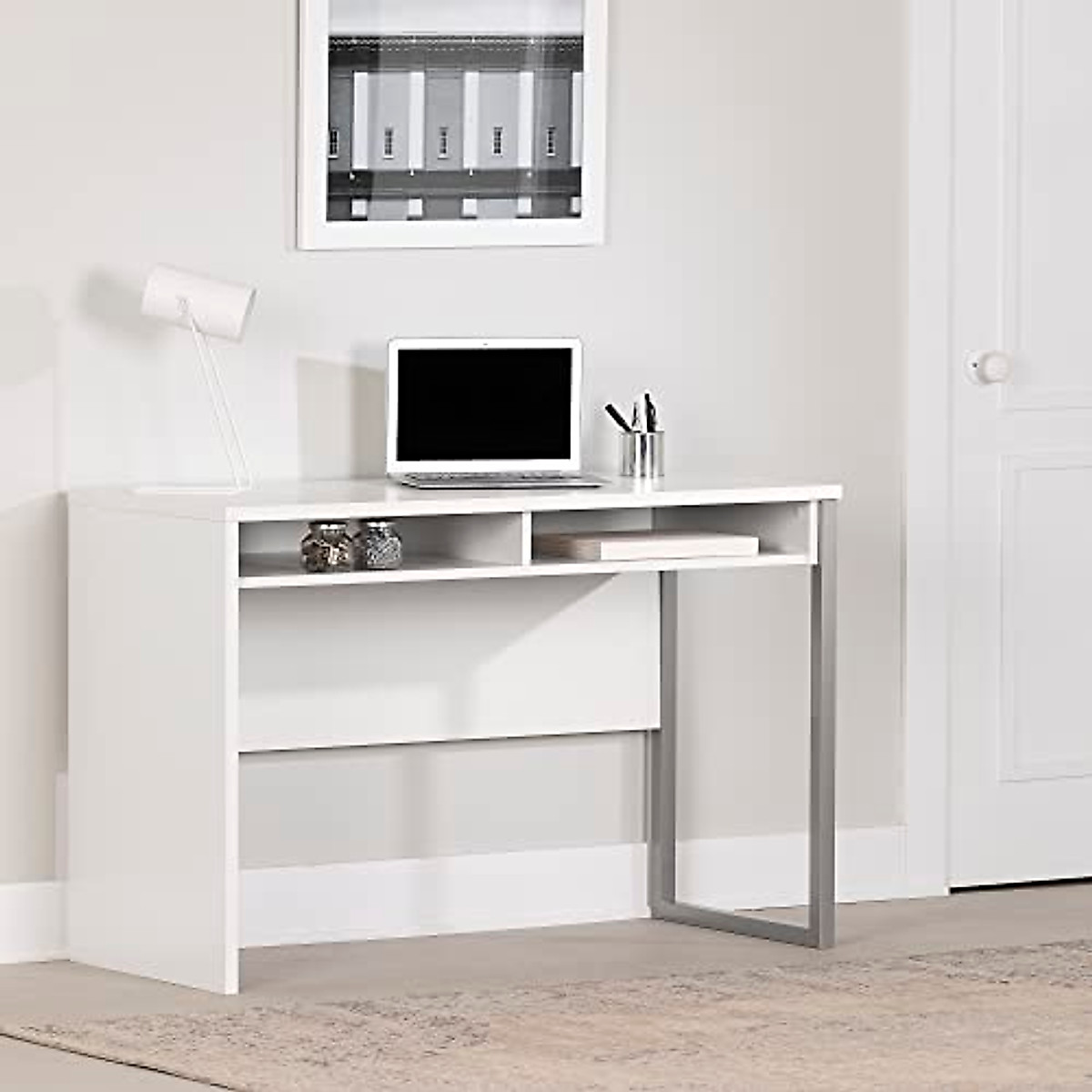 Interface Desk – Sleek Metal Finish – Open Storage for Laptop and Tablet – Pure White - by South Shore
