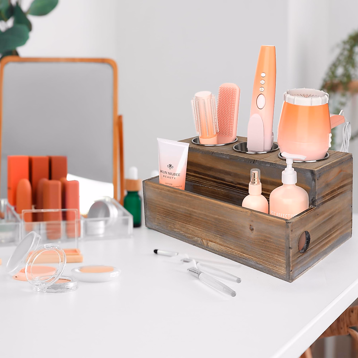 Besti Wooden Hair Dryer Holder – Hair Tools and Styling Supplies Organizer and Storage for Vanity and Bathroom - Natural Elegant Design - Multi-Functional Caddy for Accessories, Makeup, Toiletries