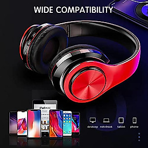TPSKY Bluetooth Headphones Over Ear Headphones with Deep Bass LED Foldable Stereo Headphones for Smart Phone/TV/PC (Red/Black)