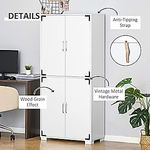 HOMCOM Industrial Kitchen Pantry Cabinet with 4 Doors and Storage Shelves, Freestanding Storage Cabinet, White