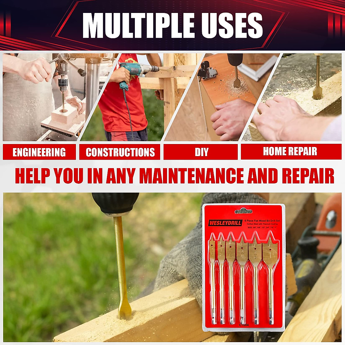 wesleydrill 6PCS Spade Drill Bit Set Paddle Flat Bits 3/8"-1" Flat Wood Hole Cutter Fit for Most Types of Wood as Well as Fiberglass