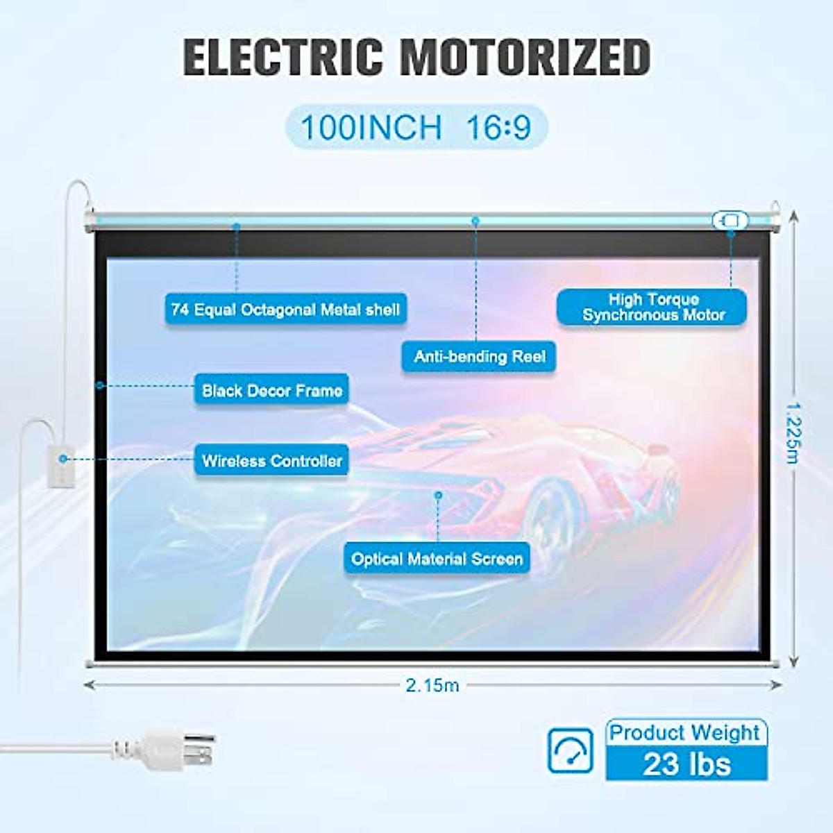 Powerextra 100 Inch Motorized Projector Screen with Wireless Remote Control 16:9 4K HD Wall/Ceiling Mounted Electric Movie Screen for Home Theater Presentation Education Outdoor Indoor