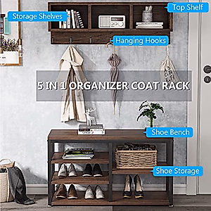 Tribesigns Industrial [Shoe] [Rack] [Bench] with Coat [Rack] Set With Hall Tree, 3 Storage Cubbies, 7 Hooks for Entryway, Hallway, 5-in-1Design, Rustic Brown