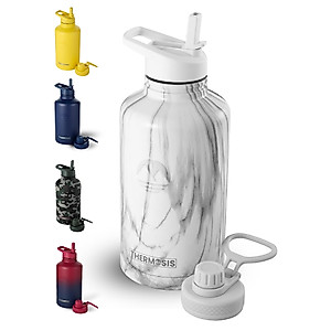 Thermosis 2 Lids (Sports and Handle Lids) 64 Oz Insulated Water Bottles Half Gallon Water Bottle With Wide Mouth Opening | Great 1/2 Gallon Water Jug for Sports and Gym - White Marble