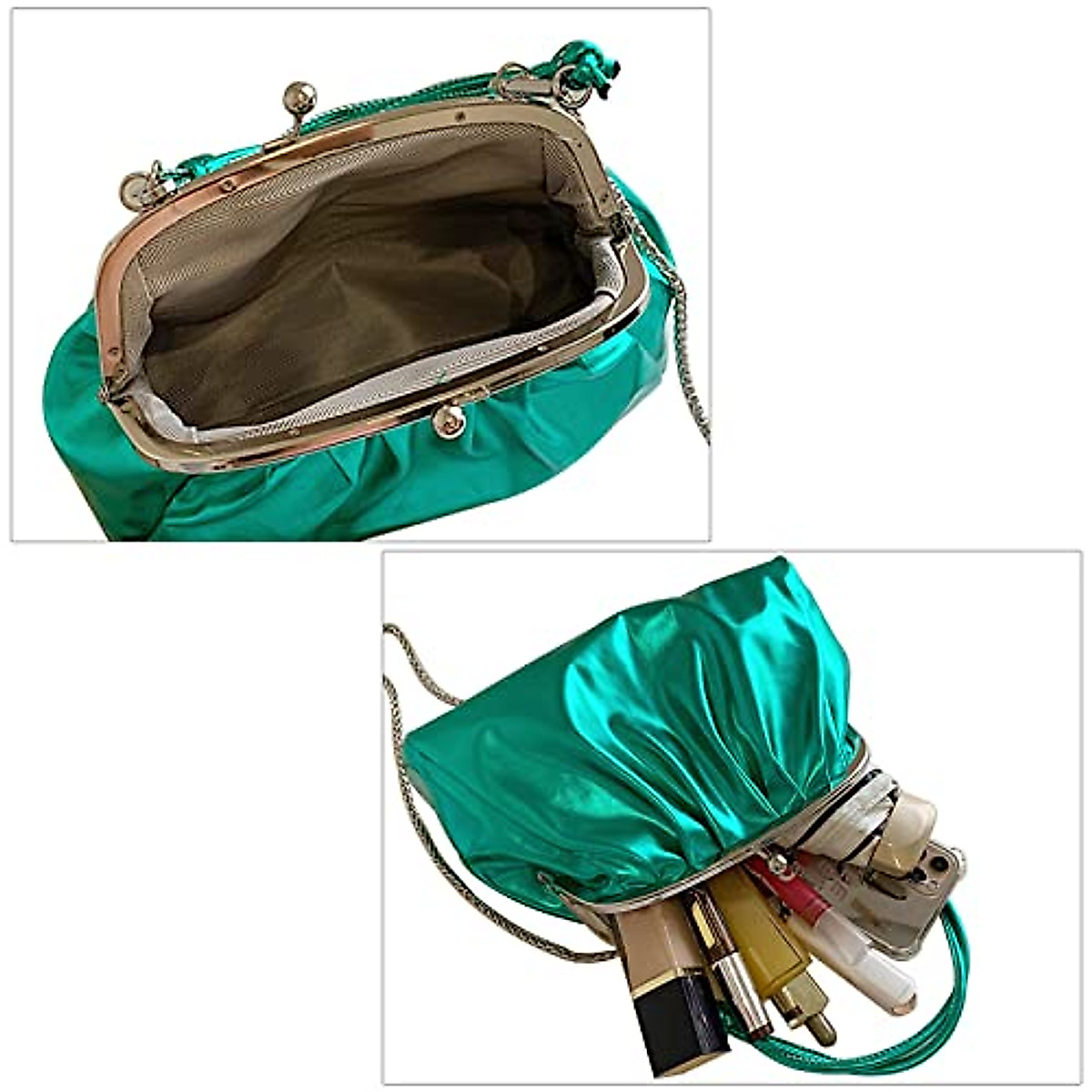 Oichy Leather Evening Bag Pleated Clutch Purses Top Handle Shoulder Bags Kiss Lock Handbags (Silver)