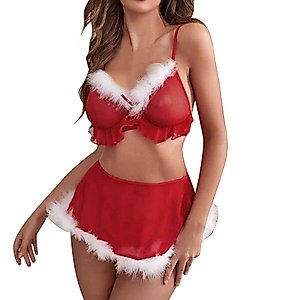 Plus Size Lingerie Set for Women Christmas Santa Fluffy Furry 2 Piece Lingerie Set for Women Sexy Deep V Lace Bra and Skirt Lingerie for Women Naughty Cosplay Costume Women's Exotic Lingerie Sets