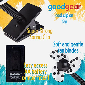 Good Gear Soft Fin Clip On Fan for Travel Stroller, Baby Crib & Car Seat - Black Dots/Grey
