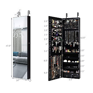 Giantex Wall Door Mounted Jewelry Armoire Cabinet with 47.5" H Full Length Mirror, 2 LEDs Lockable Jewelry Organizer Box with Bracelet Rod, 2 Drawers, Large Storage Capacity (Black)