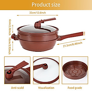 Qivine Non-Stick Clay Wok,12.6 Inch Pottery Clay Frying Pan 2 in 1 Multifunctional Cooking Pan with Steamer Basket Frying Pan and Steamer Micro Pressure Pot