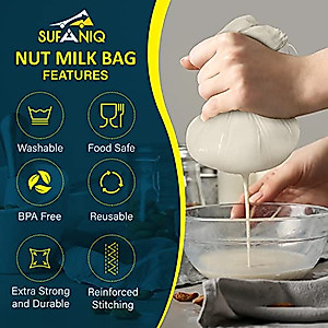 Sufaniq Nut Milk Bag - 2 Pack (12 x 12 Inches) 100% Unbleached Cotton Cheesecloth Bag, Premium Quality Reuseable Nut Bag Strainer for Almond, Soy, Oat Milk, Tea, Juices, Cold Brew Coffee
