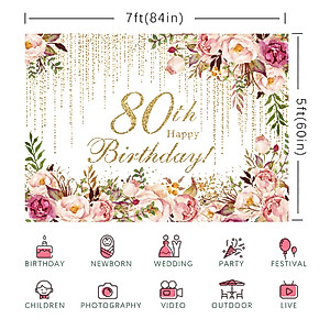 Rsuuinu Happy 80th Birthday Backdrop for Women Flowers Photography Background 80th Birthday Floral Birthday Party Decorations Supplies Favors Cake Table Banner Photo Booth Studio Props 7x5ft