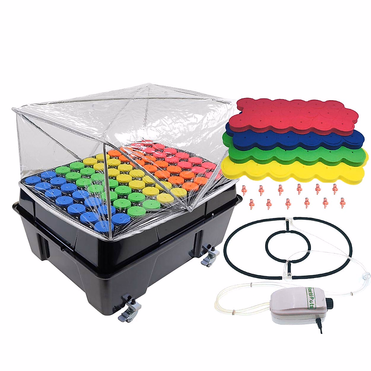 HORTIPOTS Plant Cloning Machine 70 site with Oxygen Bubbler Kit and Extra 1.625 inch 4-Color-Mixed Neoprene Clone Collars Pack of 72