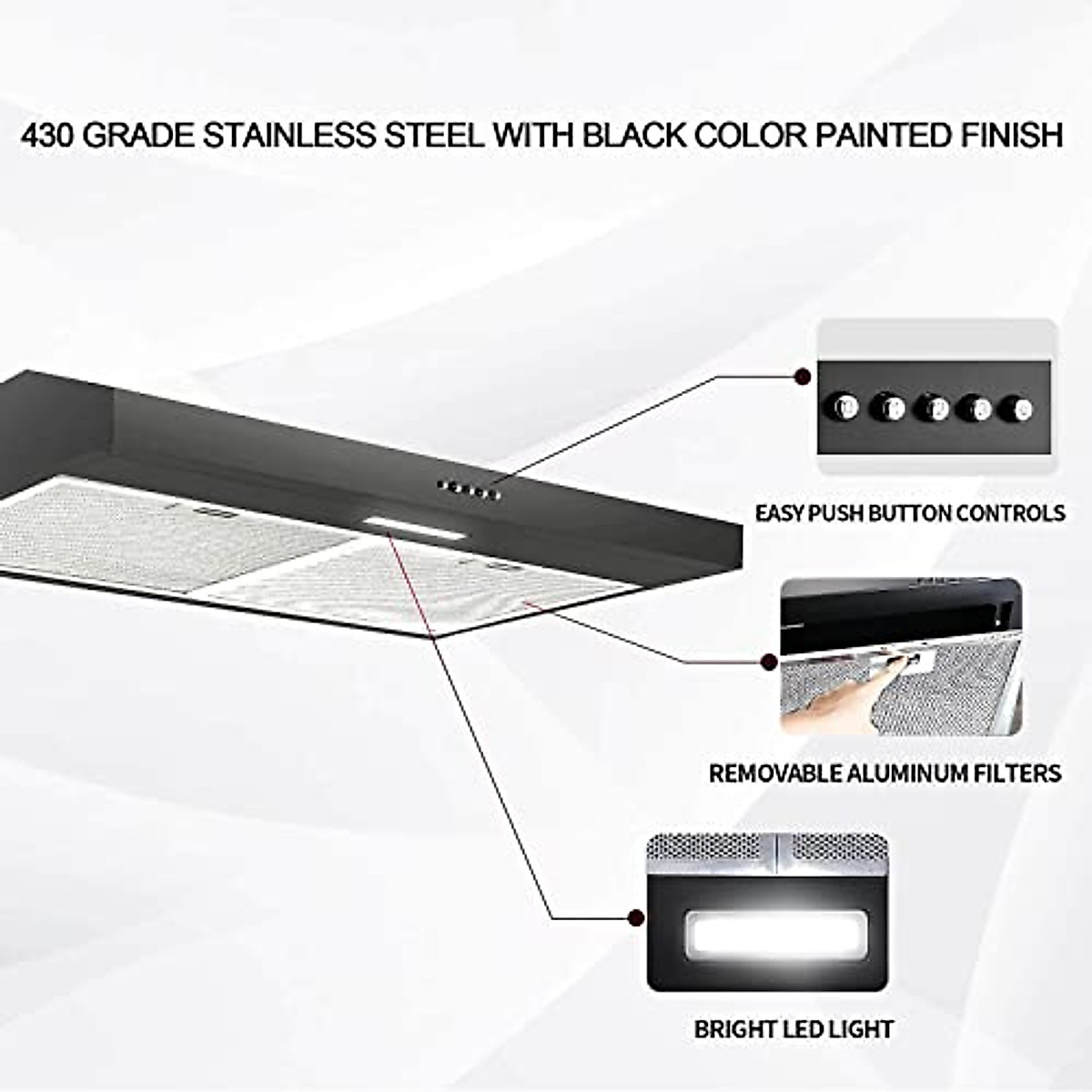 SNDOAS Range Hood 30 inch Under Cabinet with Charcoal Filter,Ductless Range Hood w/ 3 Speed Exhaust Fan,Stainless Steel Black Range Hood w/LED Light,Push Button,Under Cabinet Kitchen Hood