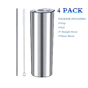 Cosictic 20 Oz Skinny Tumbler Set of 4, Slim Insulated Stainless Steel Travel Tumbler with Lid and Straw, Skinny Water Tumbler for Diy Birthday Gift, Silver