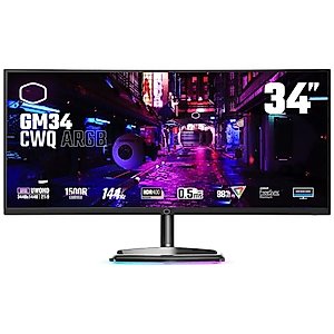 Cooler Master GM34-CWQA 34” ARGB Curved 144Hz VA QD Tech Ultra-WQHD 3440 x 1440 PC Monitor, 0.5ms (MPRT), Curve 1500R, FreeSync Premium, DP*1, HDMI2.0 * 2, USB C*1, VESA Mount (CMI-GM34-CWQA-US)