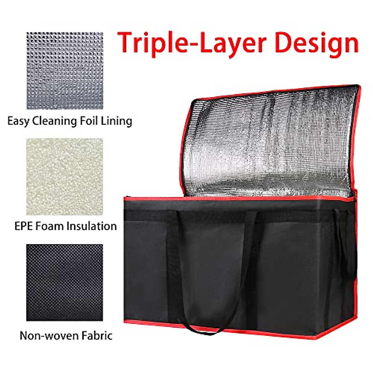 Bodaon Insulated Food Delivery Bag for Hot and Cold Meal, XXX-Large, Grocery Tote Insulation Bag for Catering, Pizza Warmer, Insulated Grocery Bags, Cooler Bag, Black with Red Edge, 1-Pack