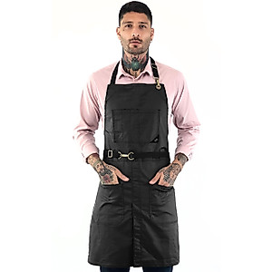Under NY Sky No-Tie Panther Black Apron – Coated Twill with Leather Reinforcement, Split-Leg, Adjustable for Men and Women – Pro Barber, Tattoo, Barista, Bartender, Hair Stylist, Server Aprons