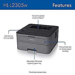 Brother HLL2305W Compact Mono Laser Single Function Printer with Wireless and Mobile Device Printing