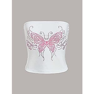 SOLY HUX Women's Rhinestone Butterfly Print Y2K Crop Tops Sleeveless Strapless Summer Bandeau Tube Top White Butterfly S