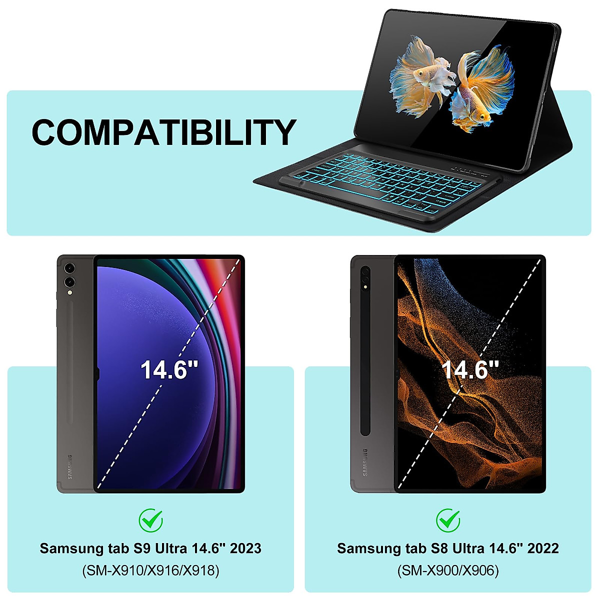 Galaxy Tab S9 Ultra Keyboard Case, Tab S9 Ultra Case with 7 Colors Backlight Keyboard, Smart Protective Cover with S Pen Holder for Samsung Galaxy Tab S9 Ultra 2023/S8 Ultra 2022 14.6 inch - Black