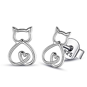 INFUSEU Small Cat Earrings for Women Teen 925 Sterling Silver Cute Kitty Kitten Animal Ear Studs Tiny Jewelry