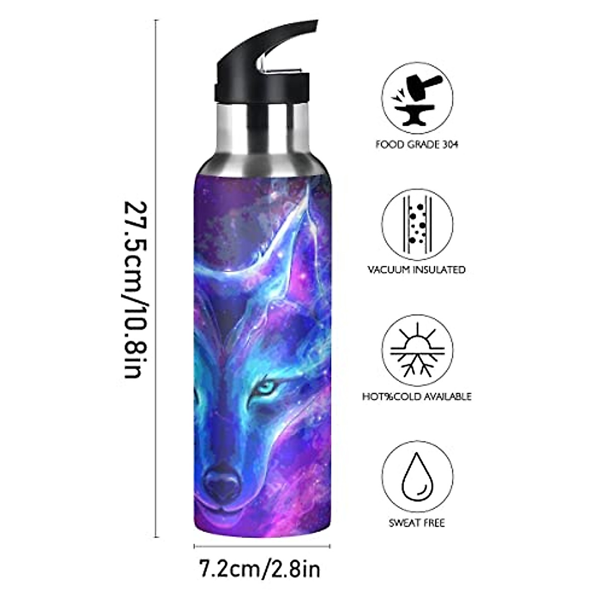 Wolf Galaxy Water Bottle Kids Thermos Bottle with Straw Lid Wolf Print Galaxy Insulated Stainless Steel Water Flask for Sport Gym Outdoor 20 oz